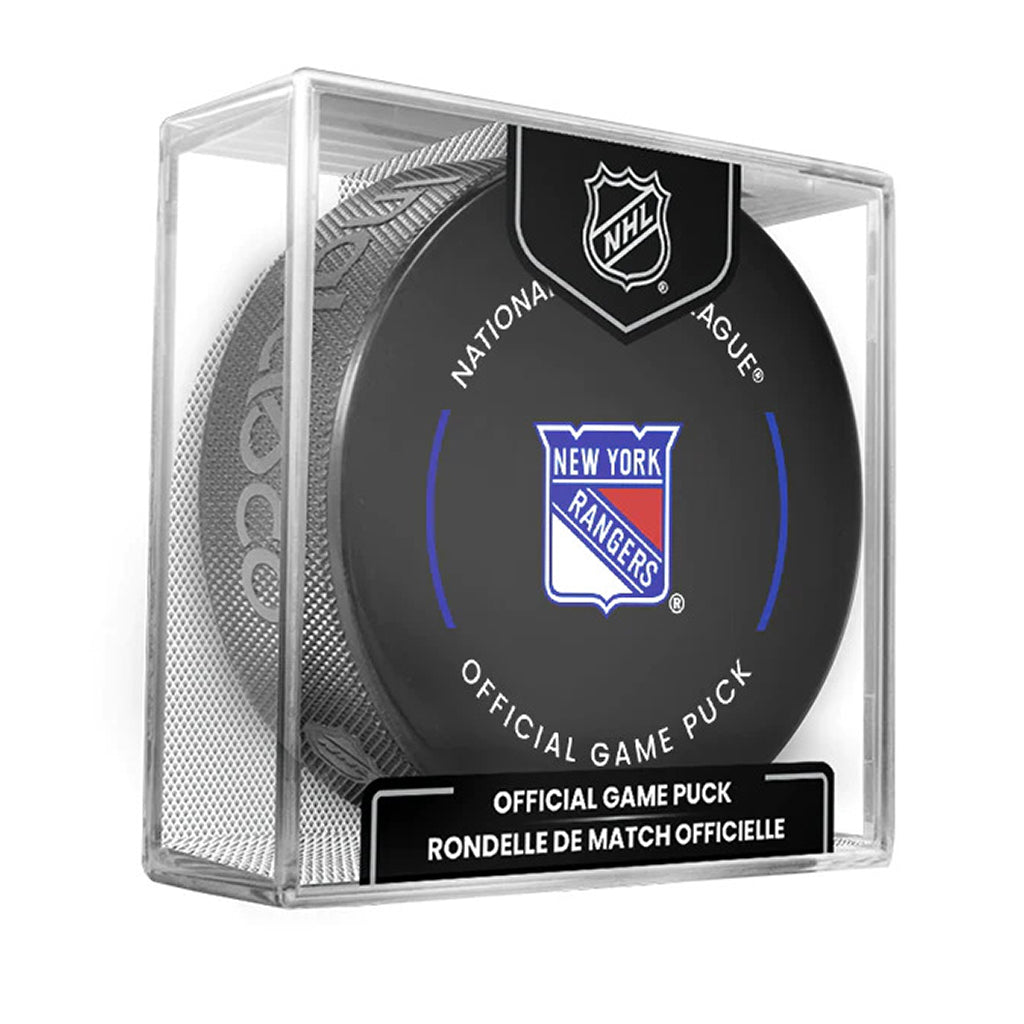 New York Rangers NHL Official Game Model Puck In Display Case – Pucks.Net